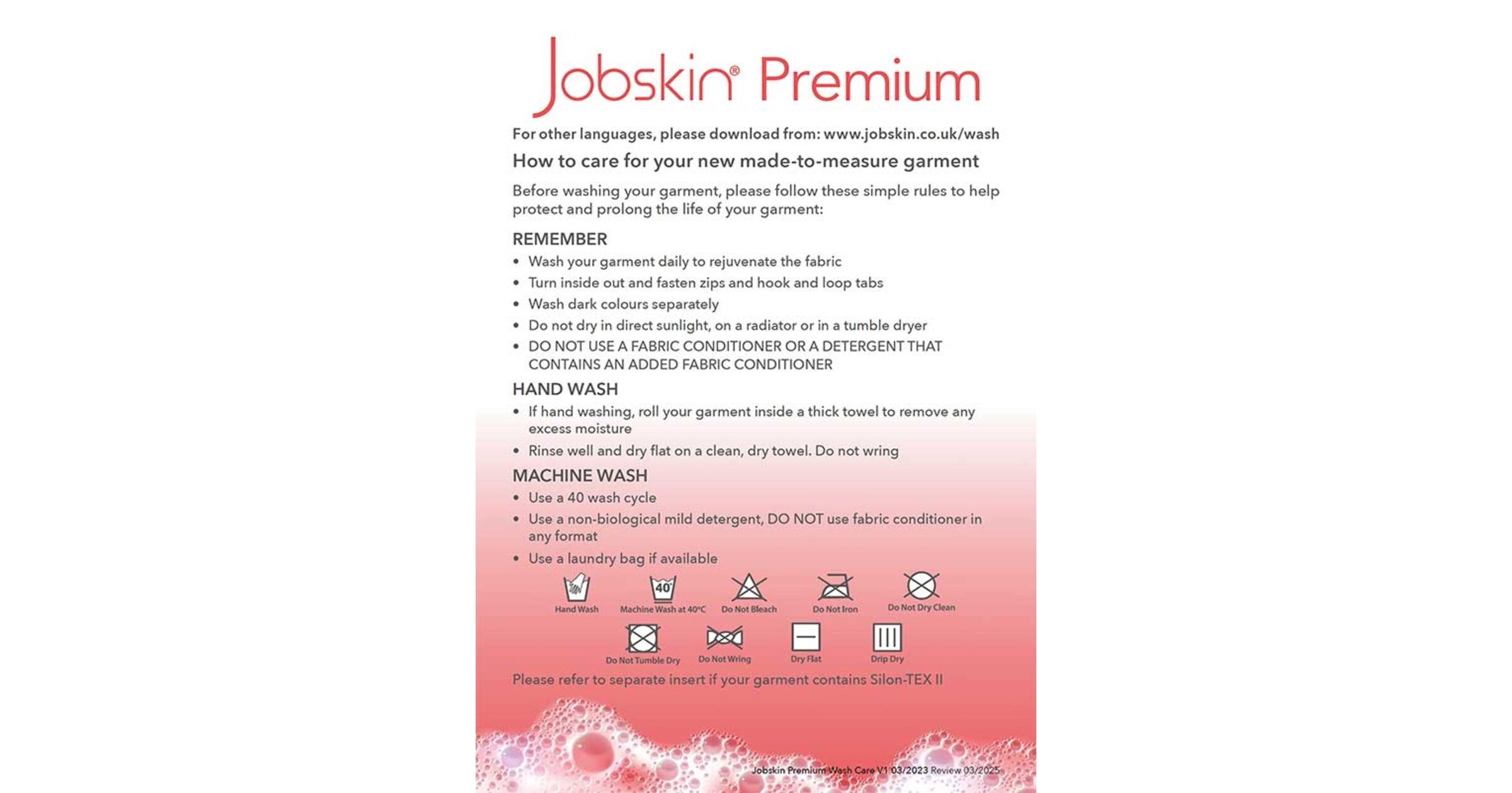 Jobskin® Garment Washing Instructions